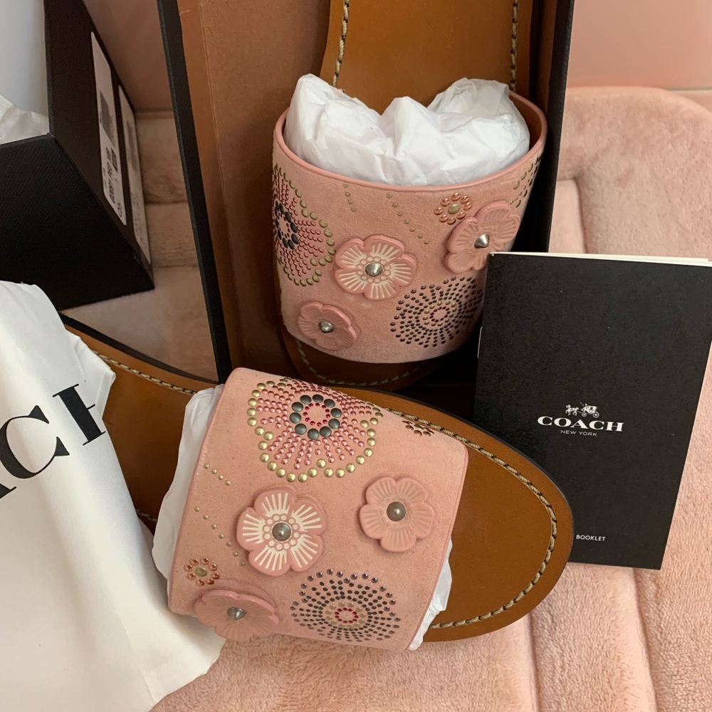 Coach Peony Riveted Tea Rose Suede Slides - Gem